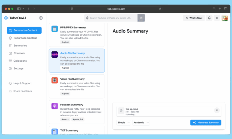 Free AI Audio Summarizer - Supports Mp3 & WAV - TubeOnAI